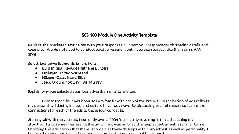 SCS 100 Module 1 Ad Analysis: Personal Connections & Society - Studocu