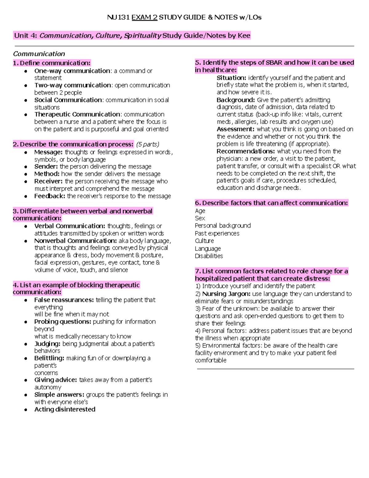NU131 EXAM 2 Study Guide: Communication, Culture, & Spirituality Notes ...