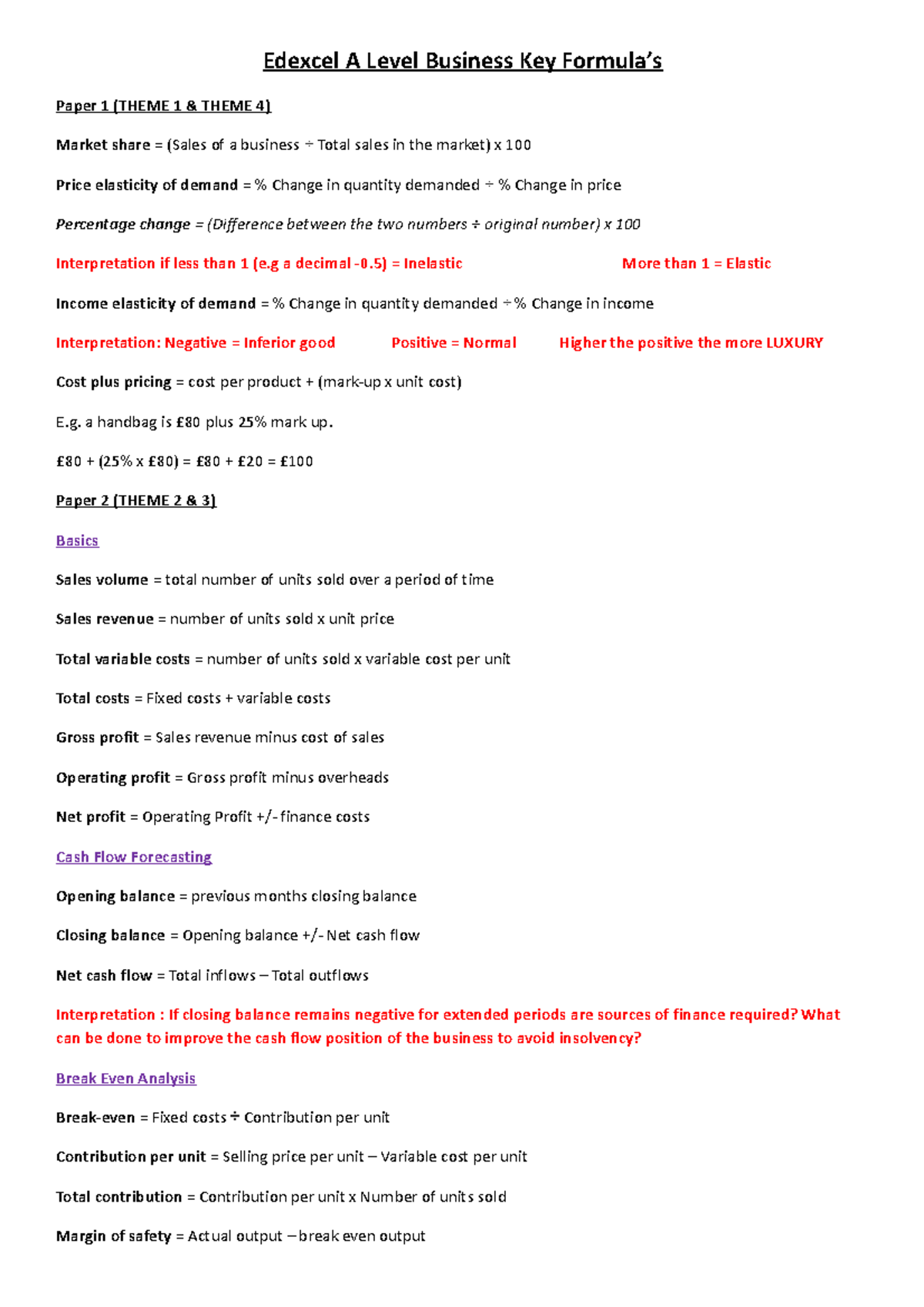 Edexcel A Level Business Key Formulas for Exam Preparation - Studocu