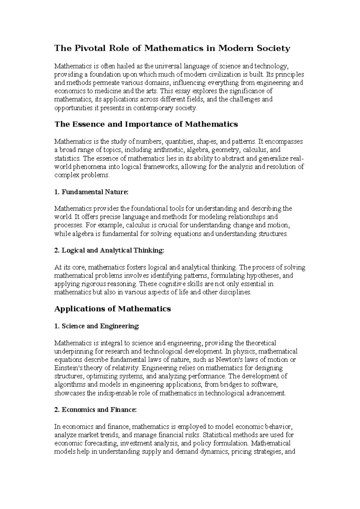 Mathematics' Role in Society: Applications & Challenges Explained - Studocu