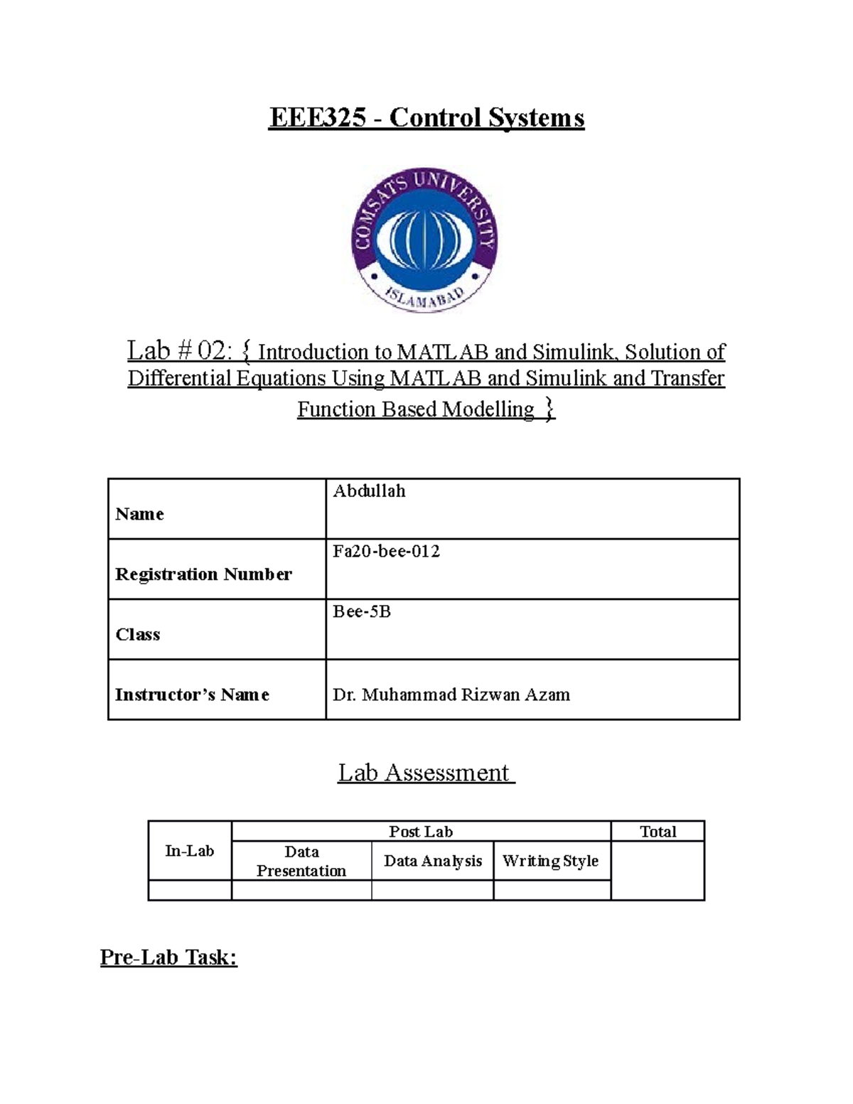 lab 2 control systems - EEE325 - Control Systems Lab # 02: { Introduction to MATLAB and Simulink ...