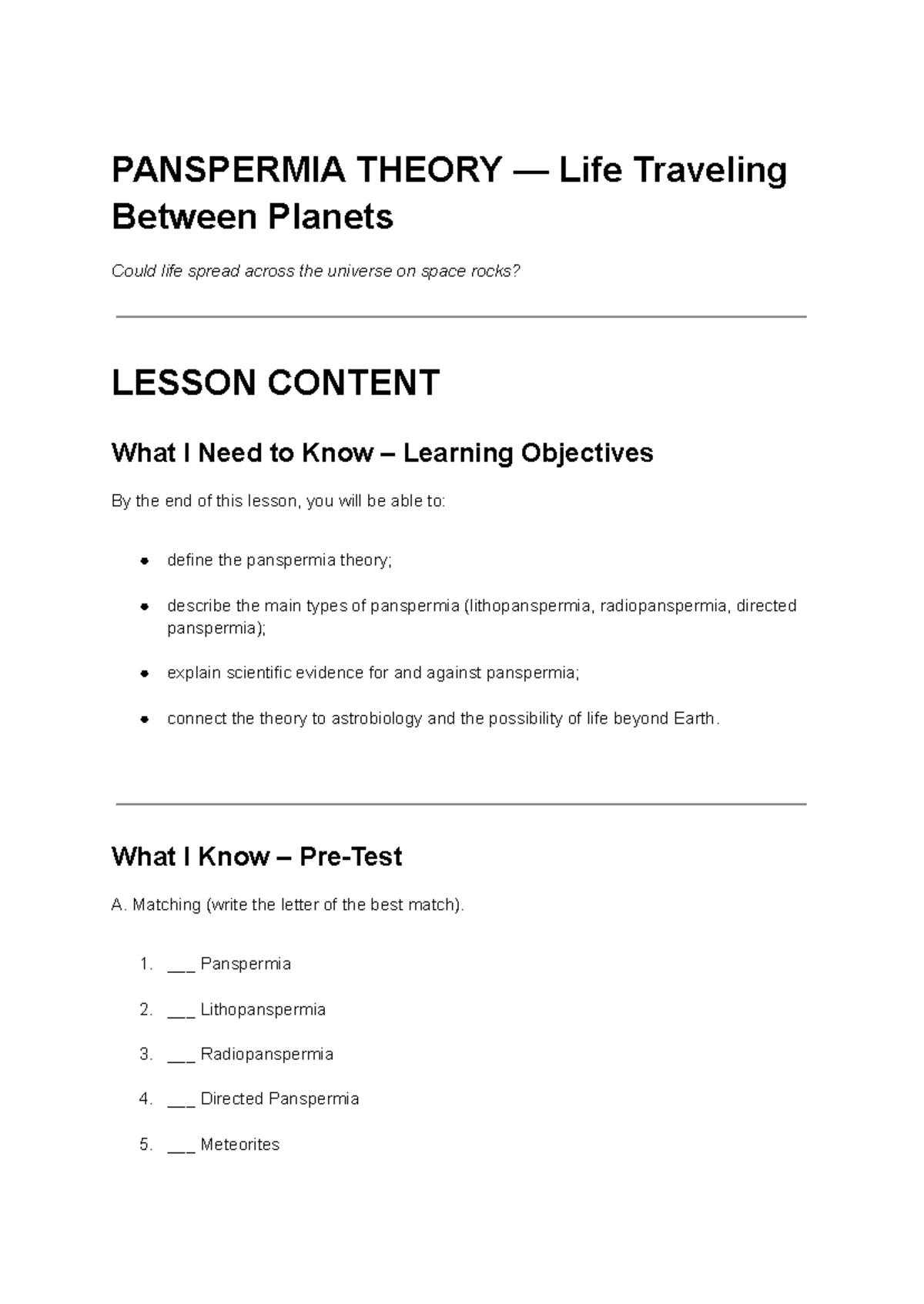 A17 - Science Lesson: Understanding the Panspermia Theory - Studocu
