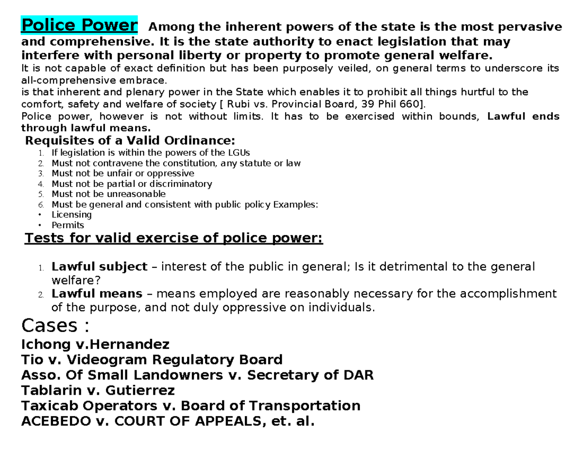 Law 101: Midterm Notes on Police Powers and Due Process - Studocu