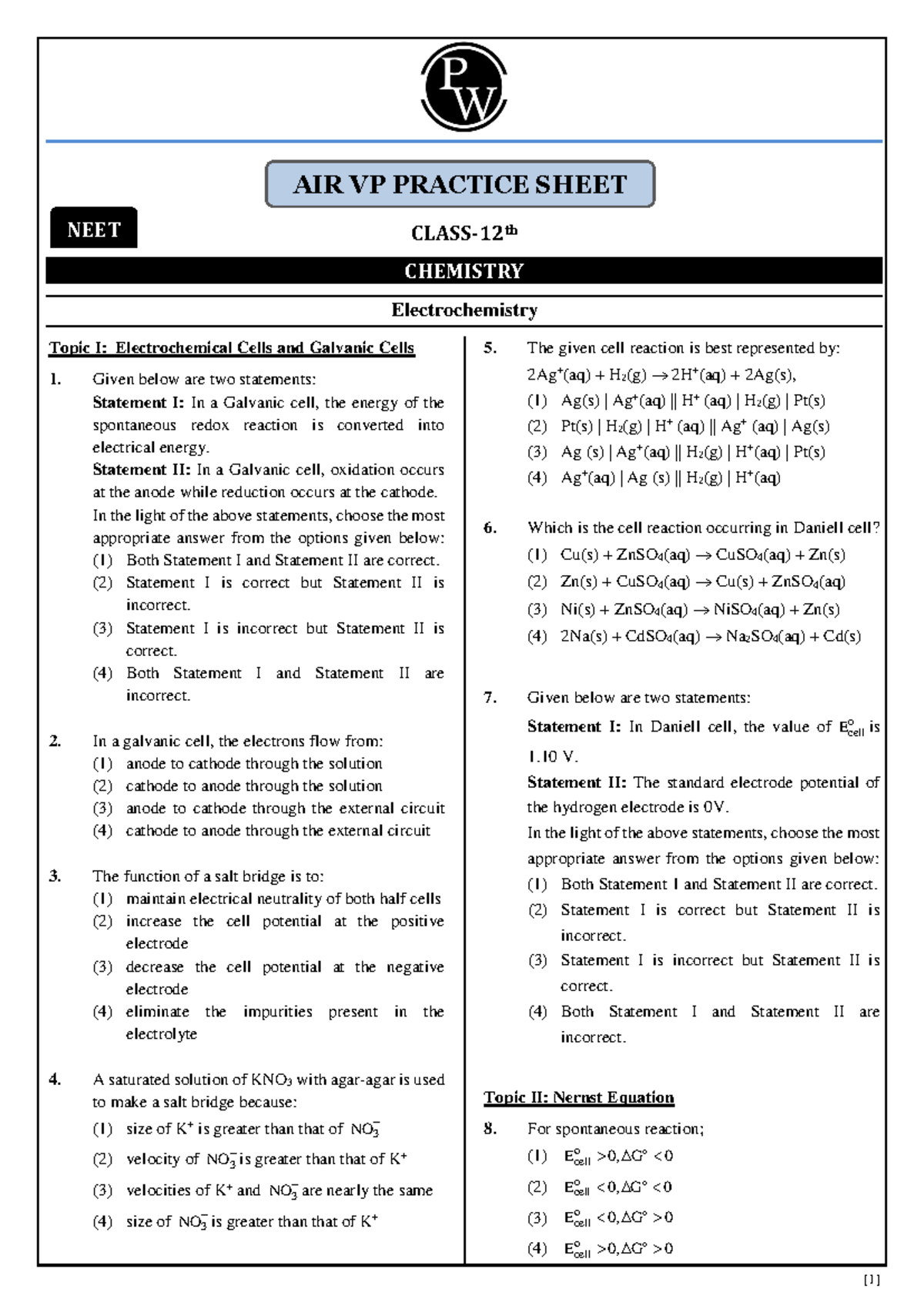 AIR VP PS NEET Chemistry Electrochemistry Practice Sheet (2025-26 ...