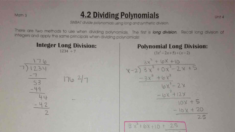 Math 3: Unit 4 - Dividing Polynomials Notes & Practice - Studocu