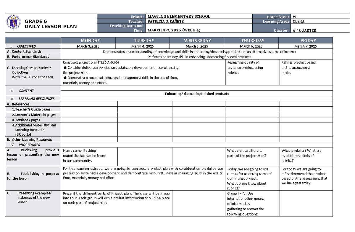 DLL TLE-IA 6 Daily Lesson Plan - Week 4, Quarter 4 (March 2025) - Studocu