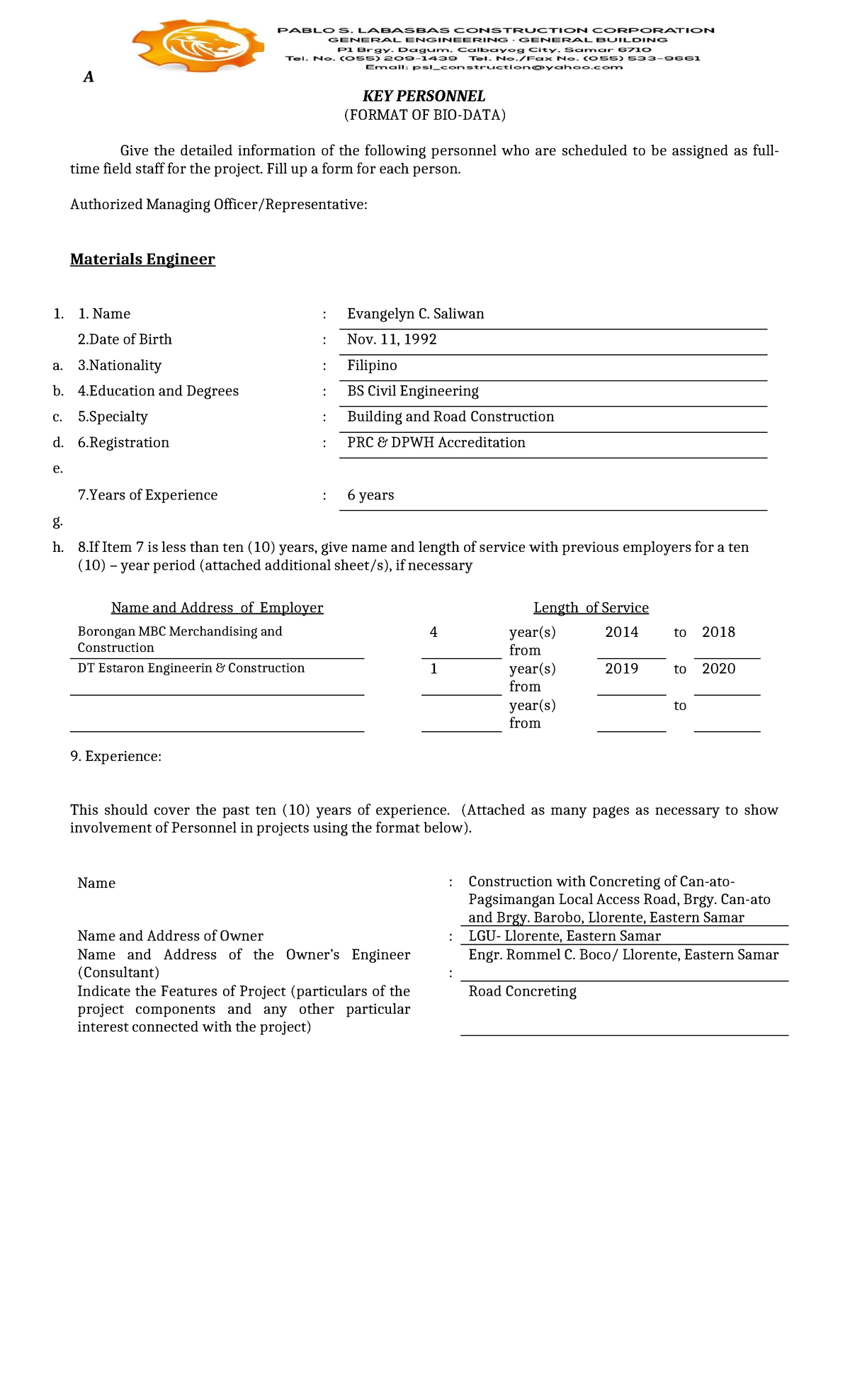 Saliwan BIO DATA - qawdadfsef - A KEY PERSONNEL (FORMAT OF BIO-DATA ...
