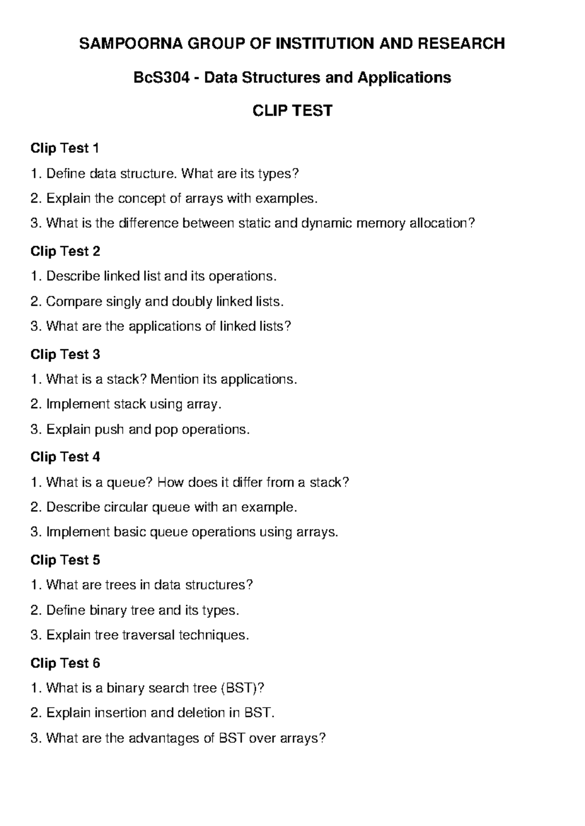 BcS304 Data Structures & Applications Clip Test Summary - Studocu