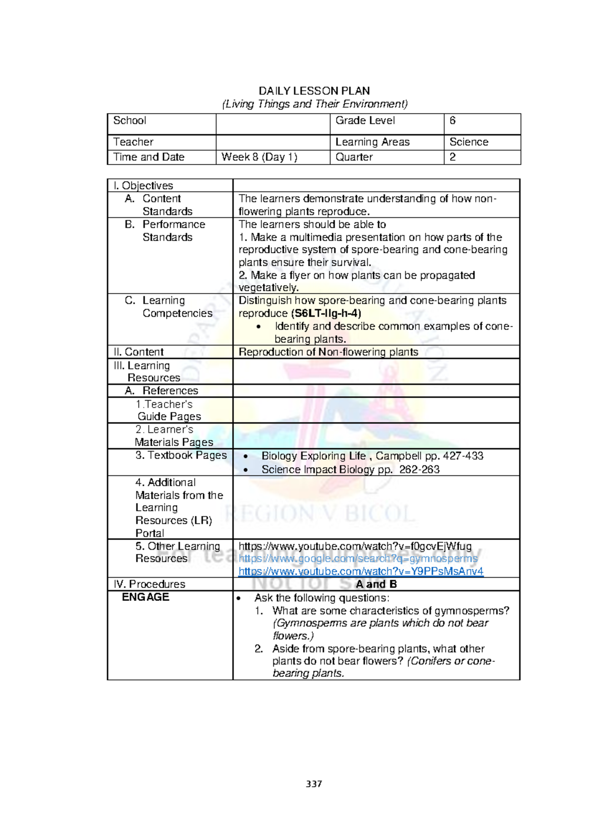 DAILY LESSON PLAN: Living Things & Their Environment (Grade 6, Science ...