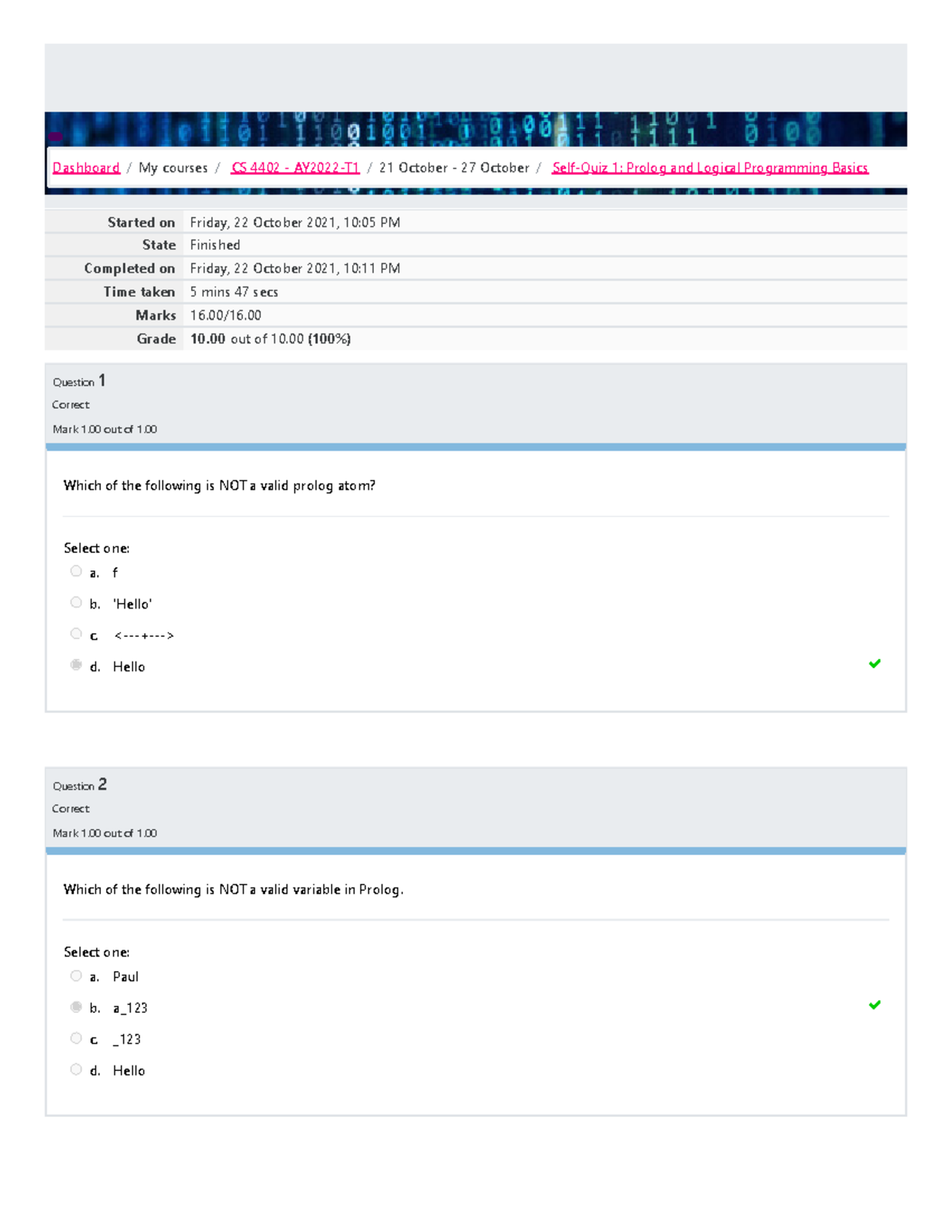 Self-Quiz 1 Prolog and Logical Programming Basics Attempt review - Started on Friday, 22 October ...
