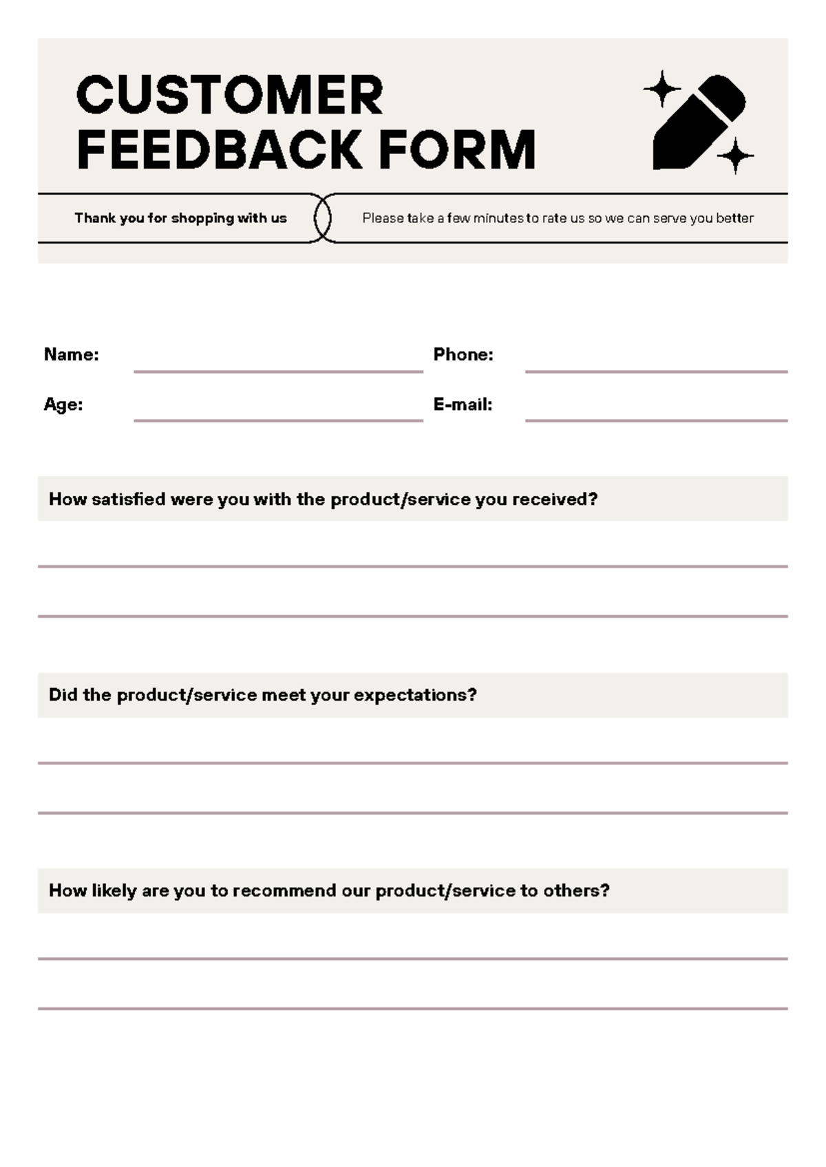 Customer Feedback Form Doc - MDIA1090 - CUSTOMER FEEDBACK FORM Thank ...