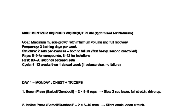 MIKE MENTZER INSPIRED WORKOUT PLAN (Optimized for Naturals) - Studocu