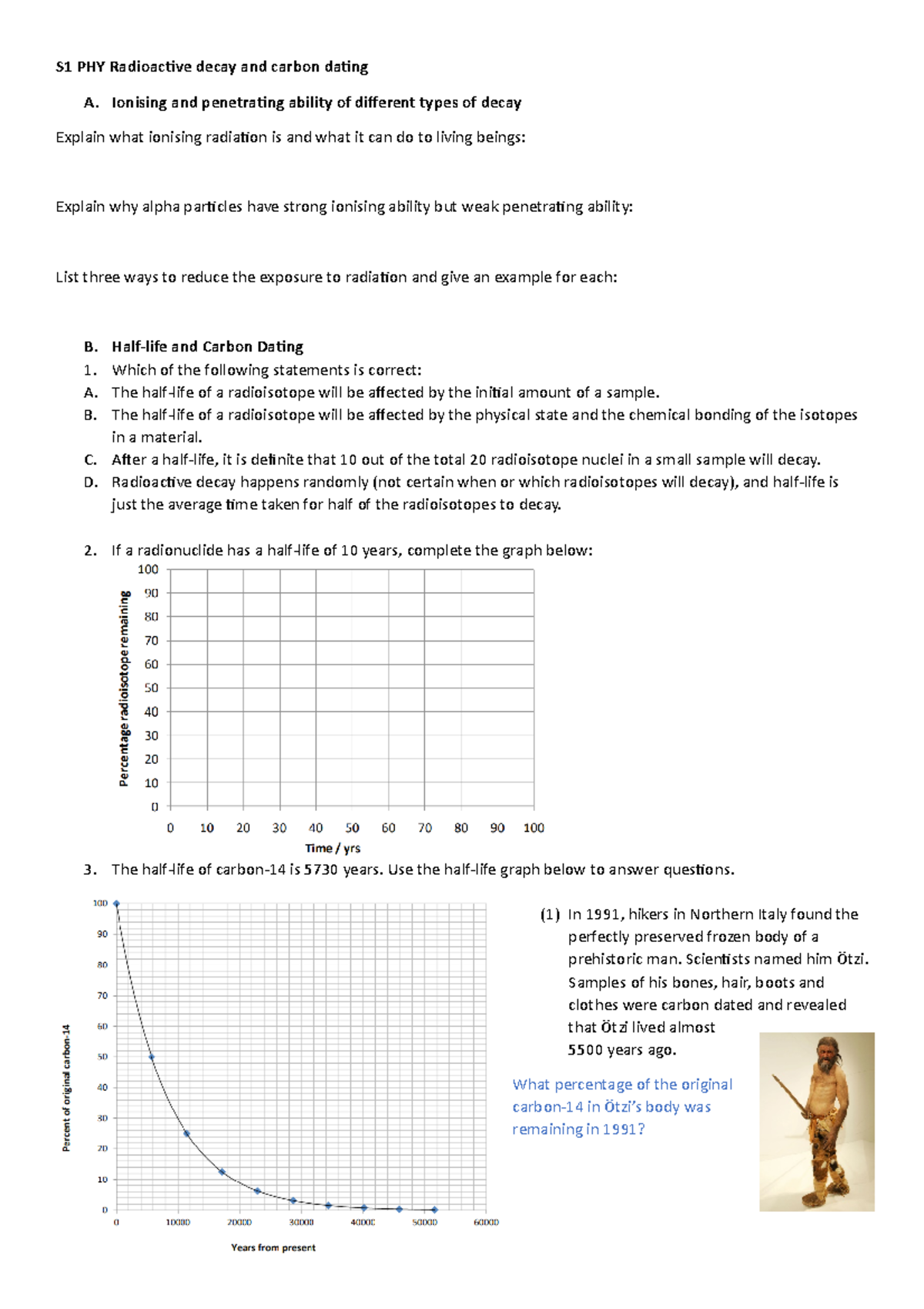 S1 PHY Half-Life Worksheet: Radioactive Decay & Carbon Dating Analysis ...