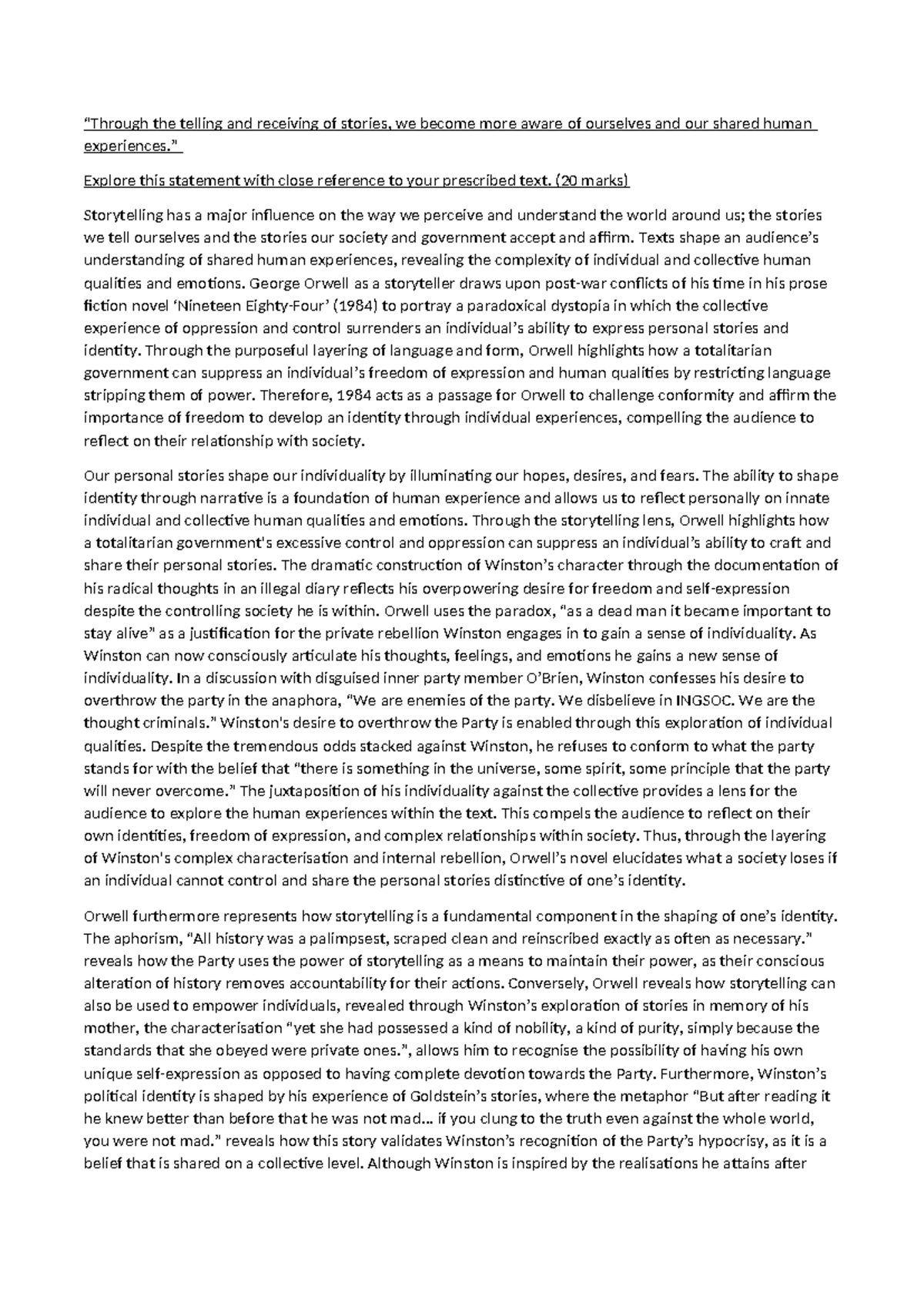 Practice Essay Notes on 1984 for Exam Preparation - “Through the ...