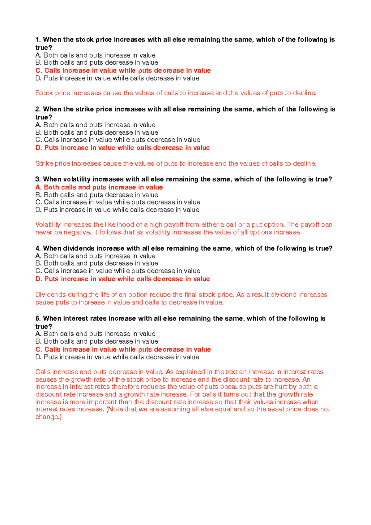 MCQ5 B - Tutorial - 1. When the stock price increases with all else ...