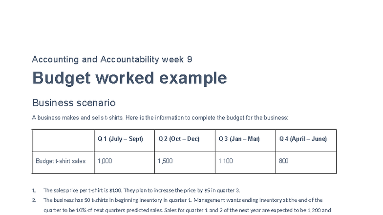 9.2 Accounting & Accountability: Budget Worked Example - Studocu