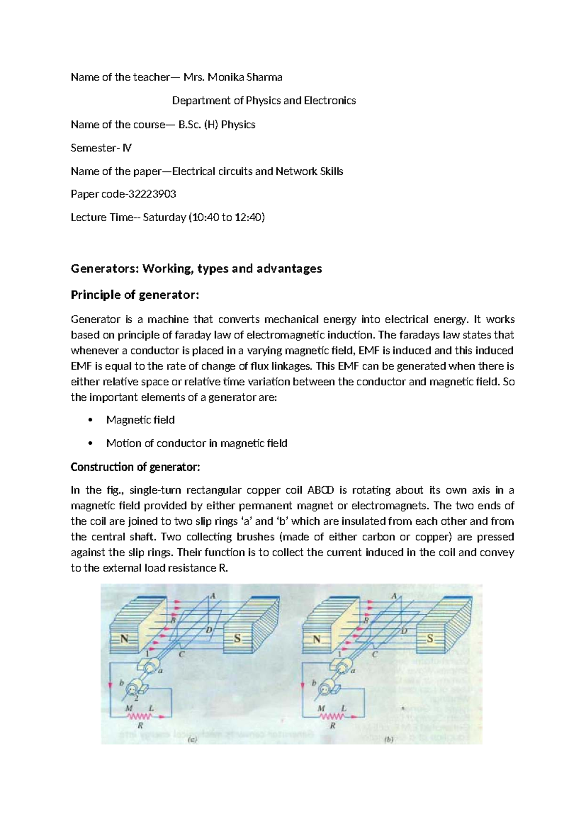 B.Sc. (H) Physics IV: Lecture on Generators - Working & Types - Studocu