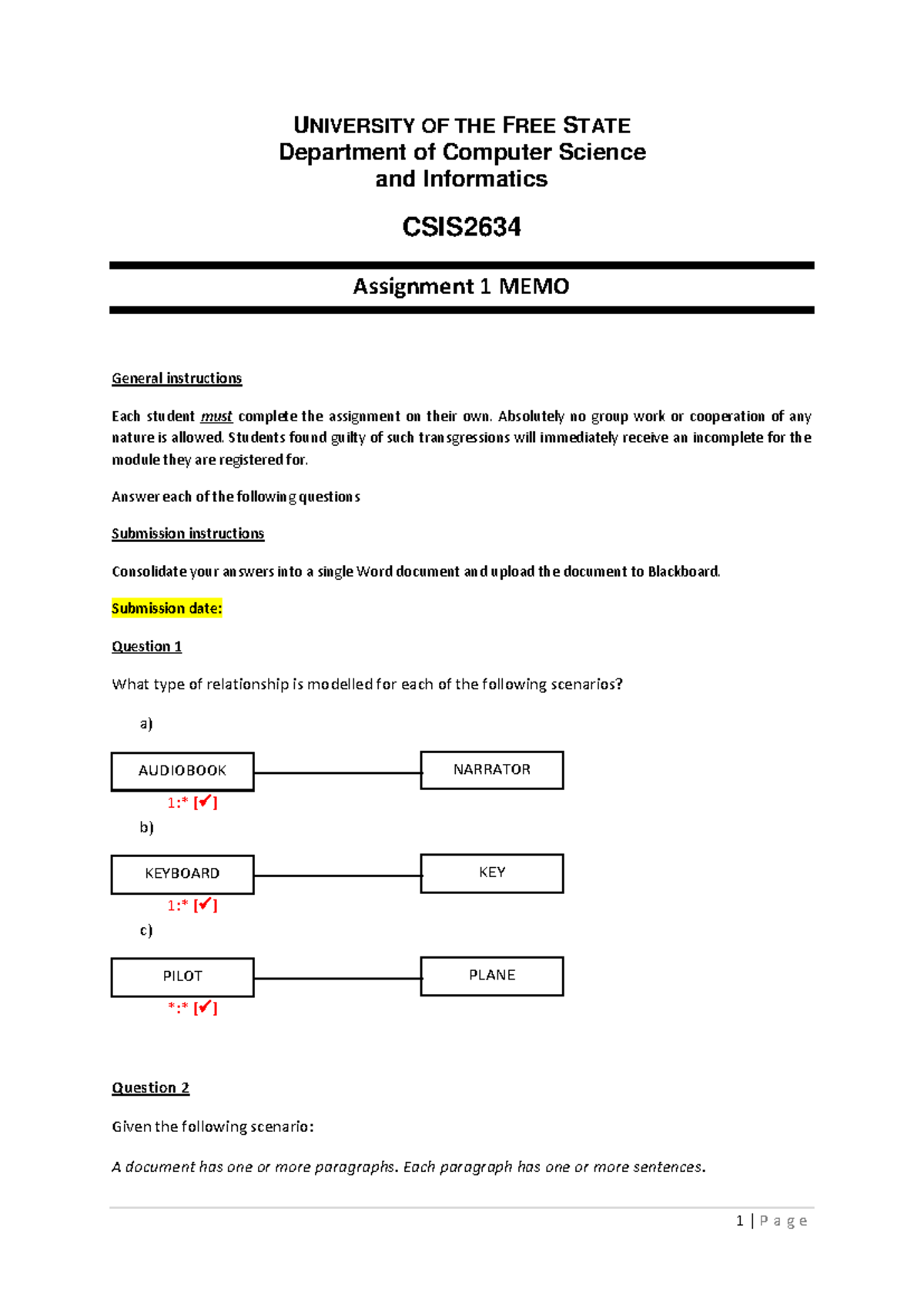 CSIS2634 Assignment 1 Memo: Data Modeling & ERD Guidance - Studocu