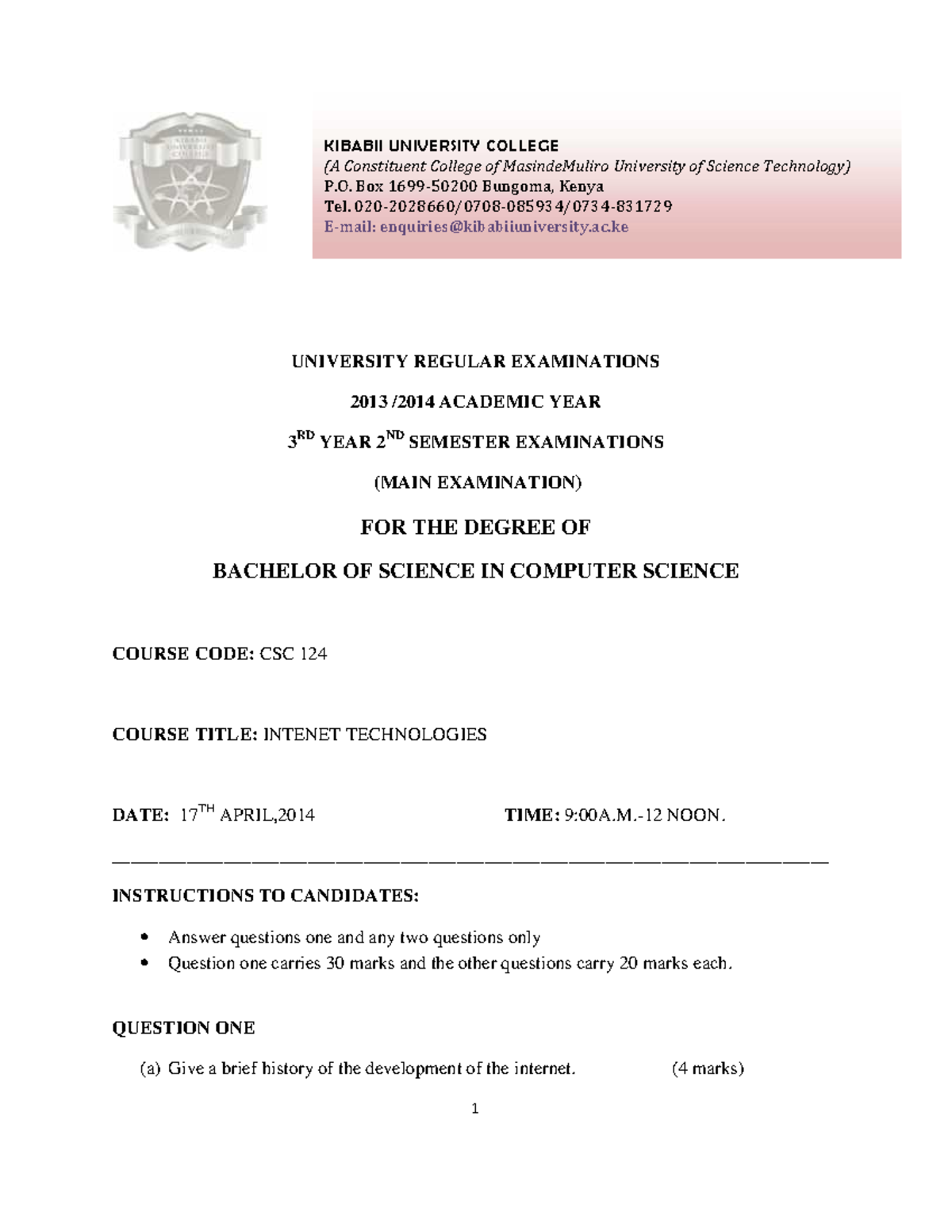 Internet-Technologies-Exam - UNIVERSITY REGULAR EXAMINATIONS 2013 / ...