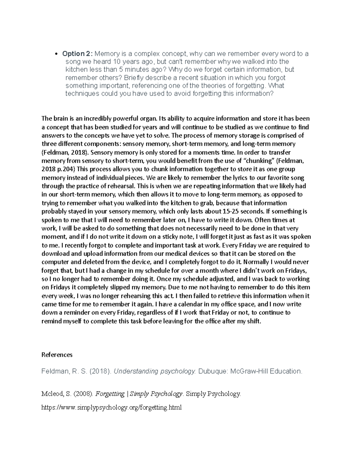 Week 3 discussion post - Option 2: Memory is a complex concept, why can ...