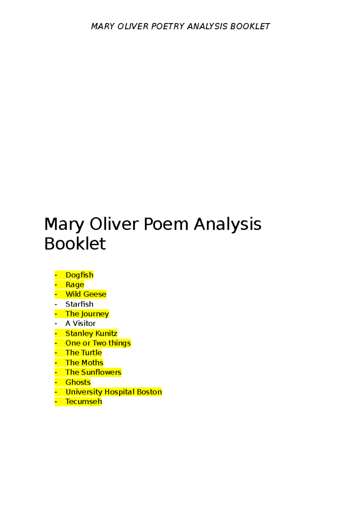 MARY OLIVER POETRY ANALYSIS BOOKLET: Themes & Insights - Studocu