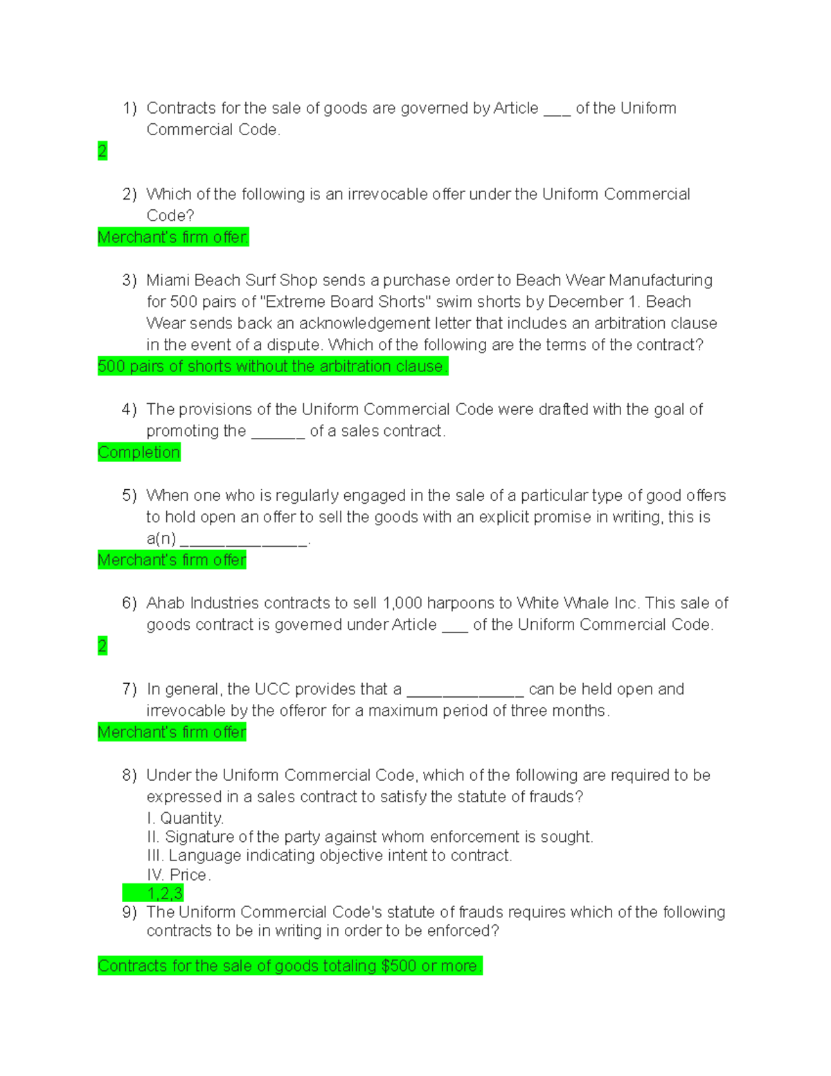 Ch8 Homework Quiz - Answer Key for UCC Contracts Concepts - Studocu