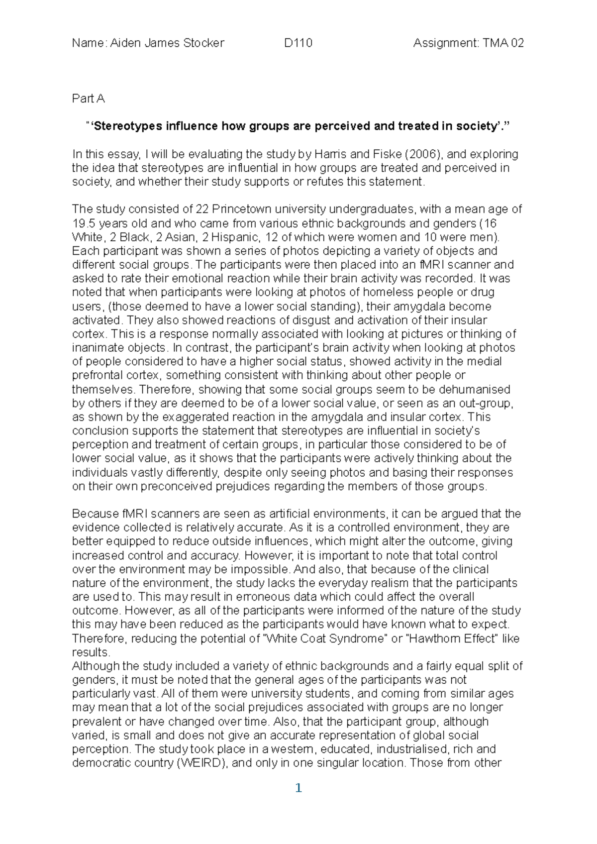 D110 TMA 02 - Stereotypes and Group Perception Analysis - Studocu