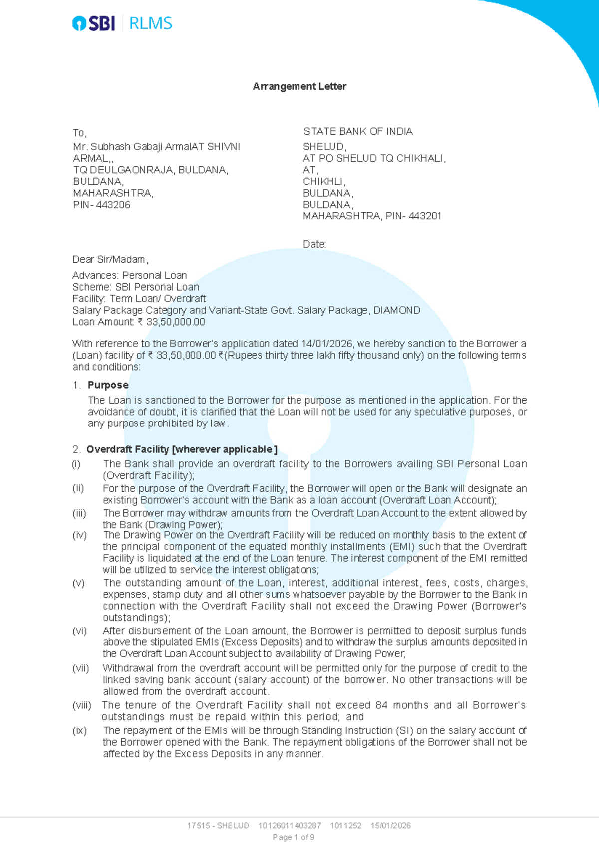 SBI Personal Loan Arrangement Letter for Mr. Subhash Gabaji Armal - Studocu