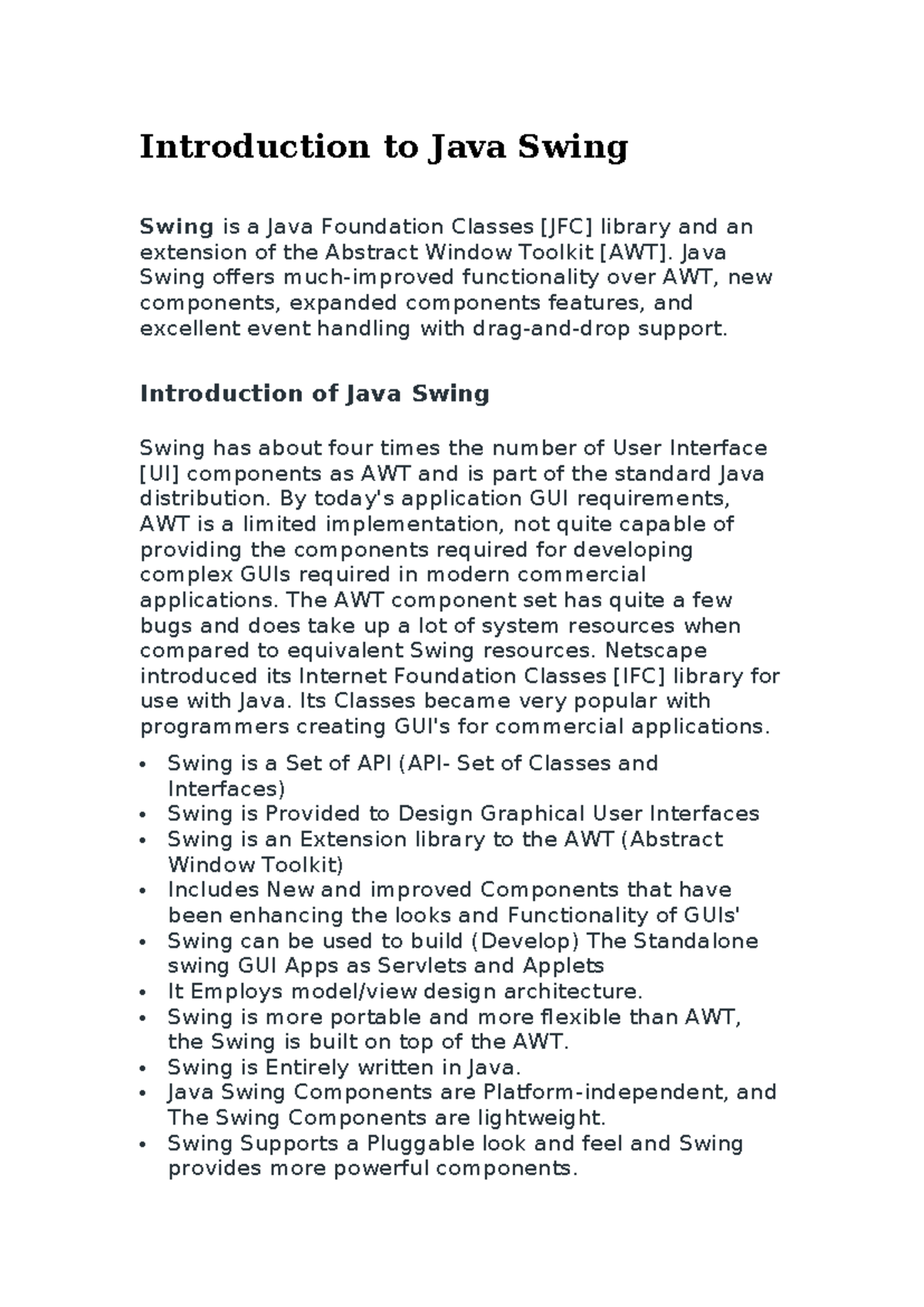 Java Swing Overview: Key Features and Differences from AWT - Studocu