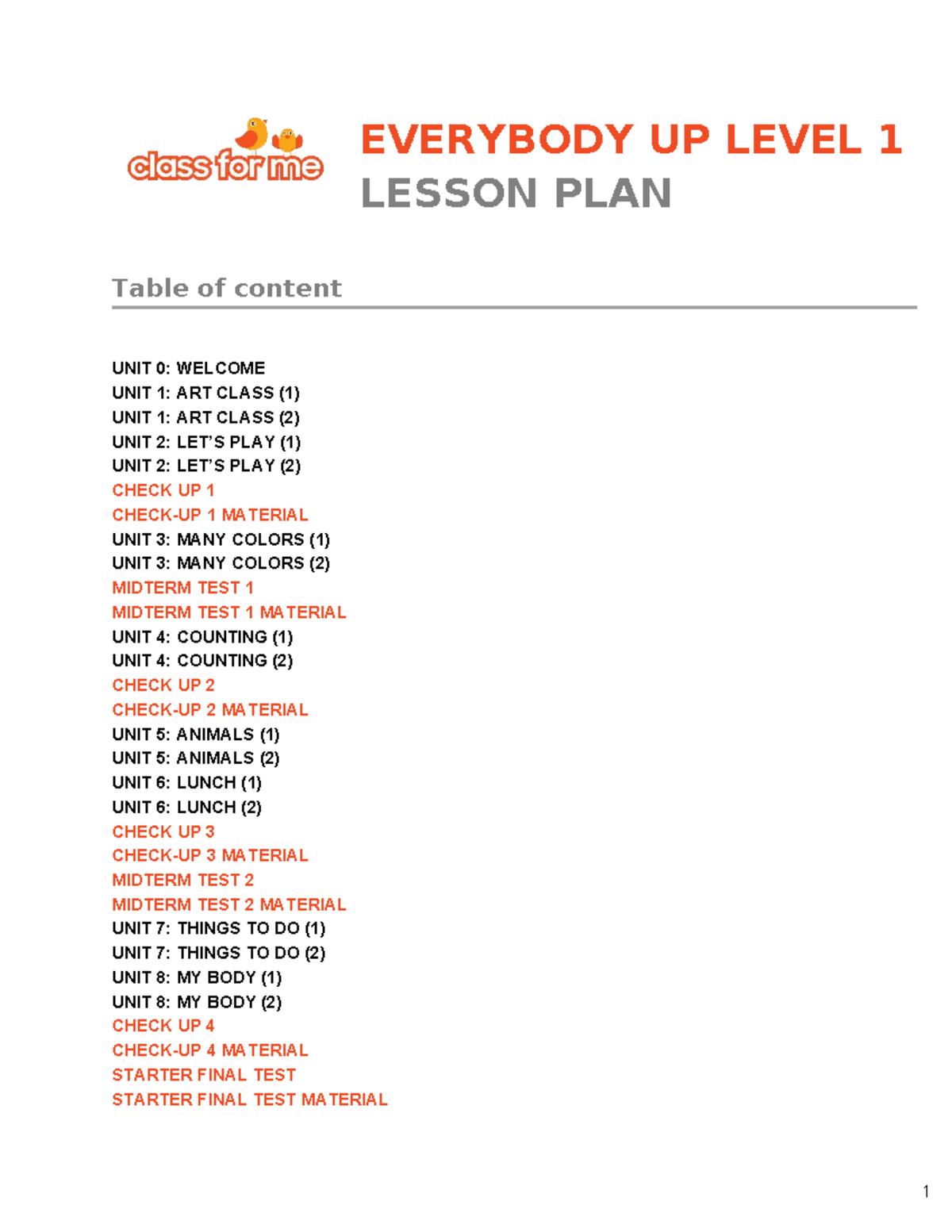 Kids Everybody Up Level 1 Lesson Plan: Units & Midterm Tests - Studocu