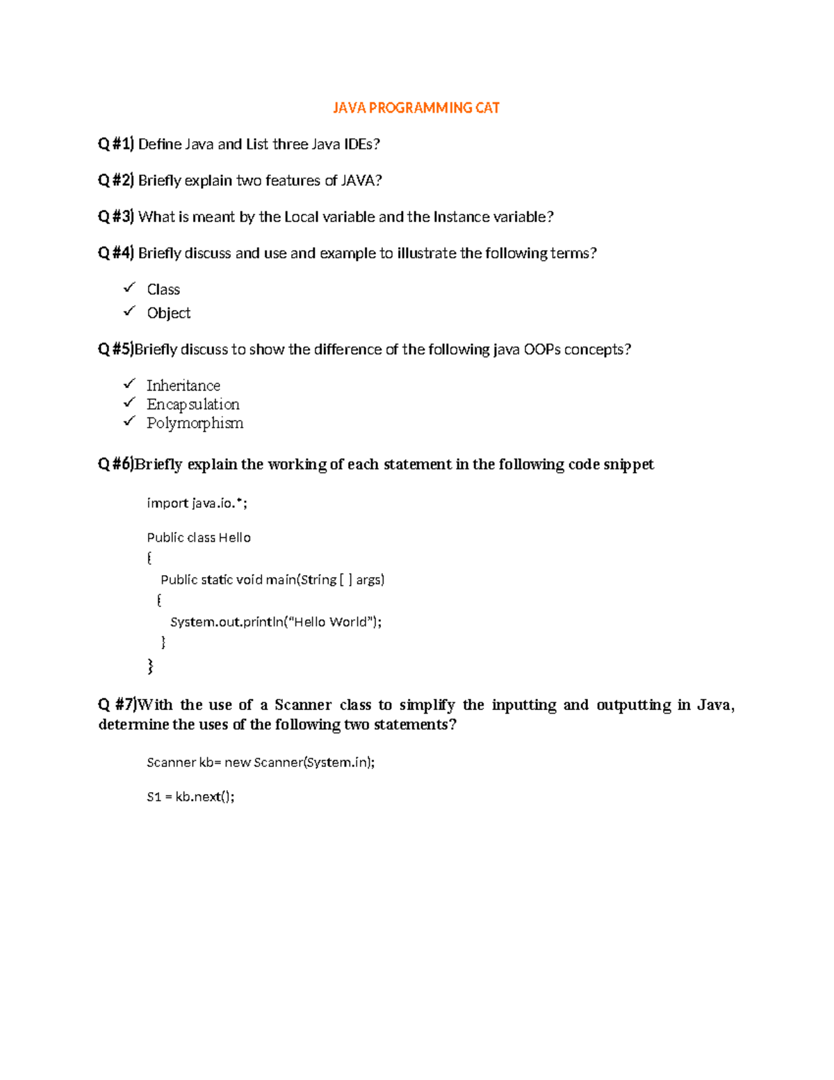 JAVA Programming CAT - Exam Notes on OOP Concepts and IDEs - Studocu