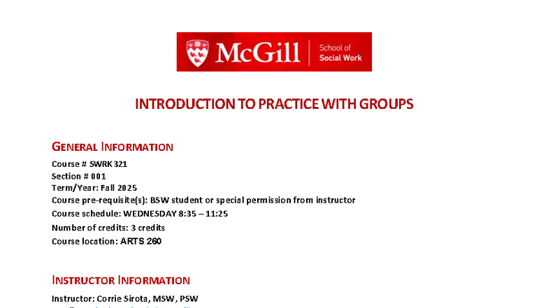 SWRK 321: Introduction to Practice with Groups Syllabus - Fall 2025 ...