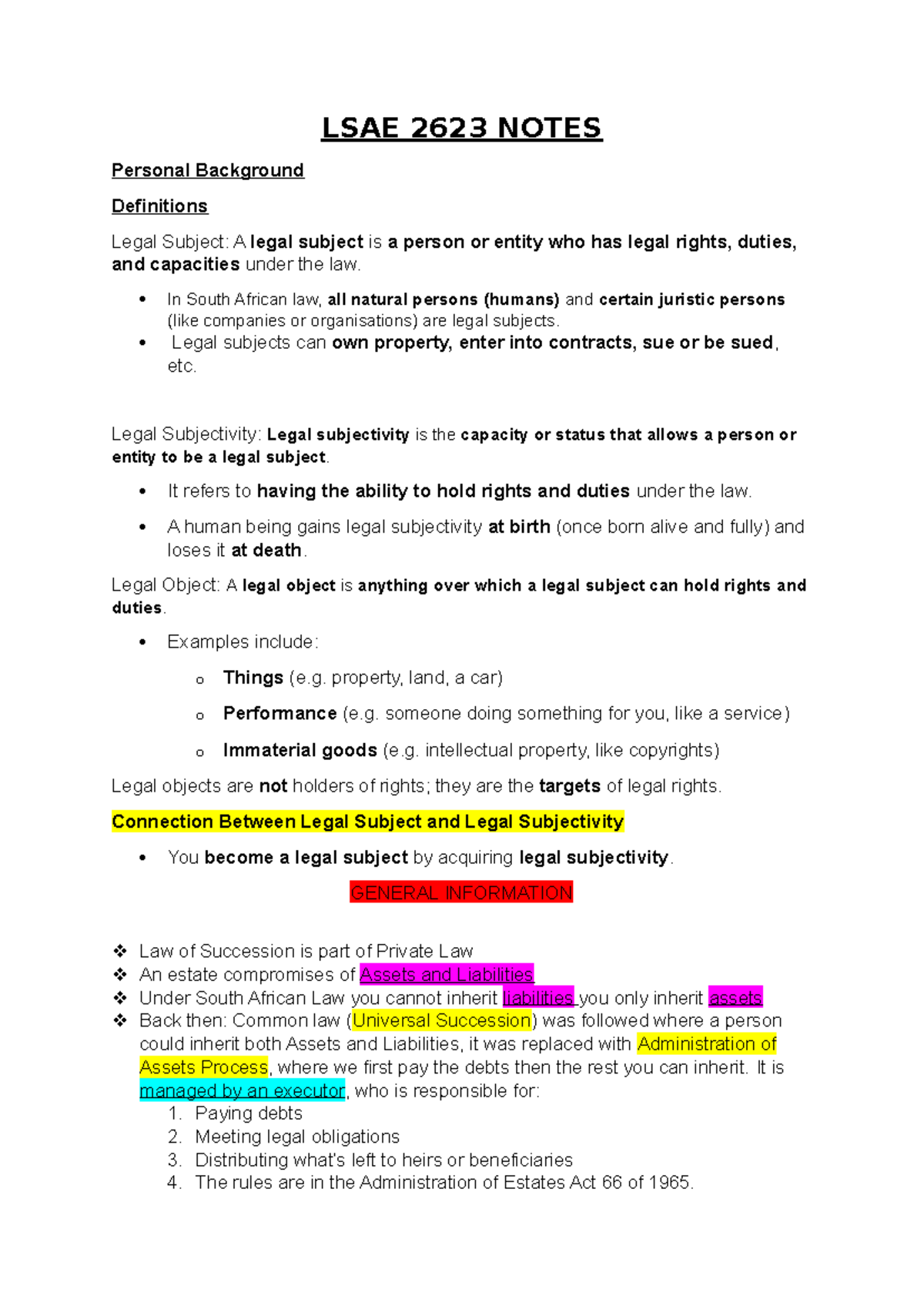 LSAE 2623 Notes: Chapter 1 Quiz on Legal Subjects and Succession - Studocu