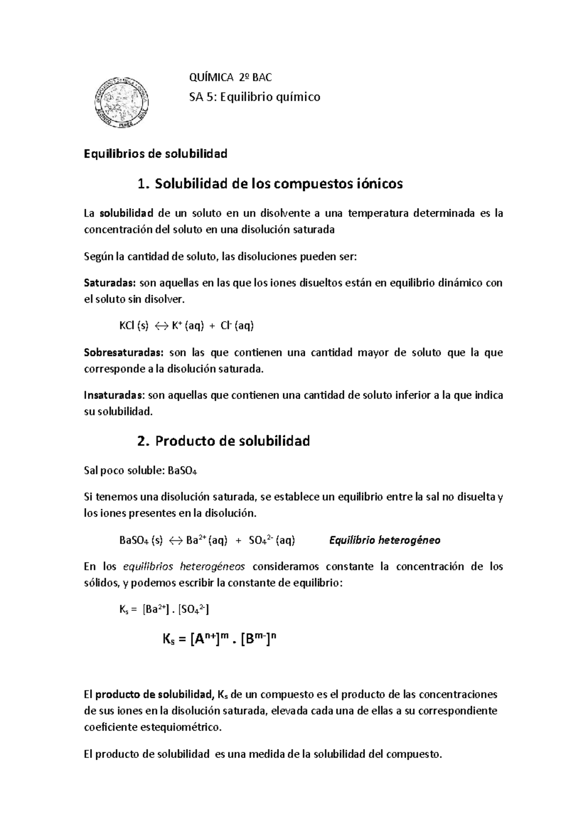 QUÍMICA 2º BAC SA 5: Equilibrio de Solubilidad y Cálculos - Studocu