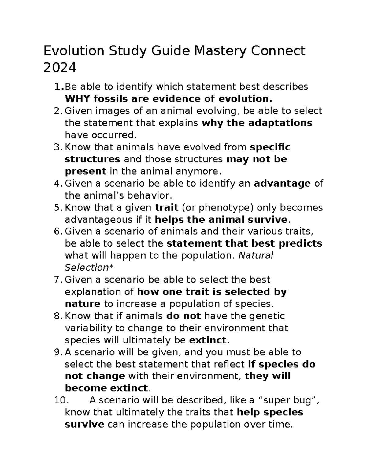Evolution Study Guide for Mastery Connect 2024: Key Concepts ...