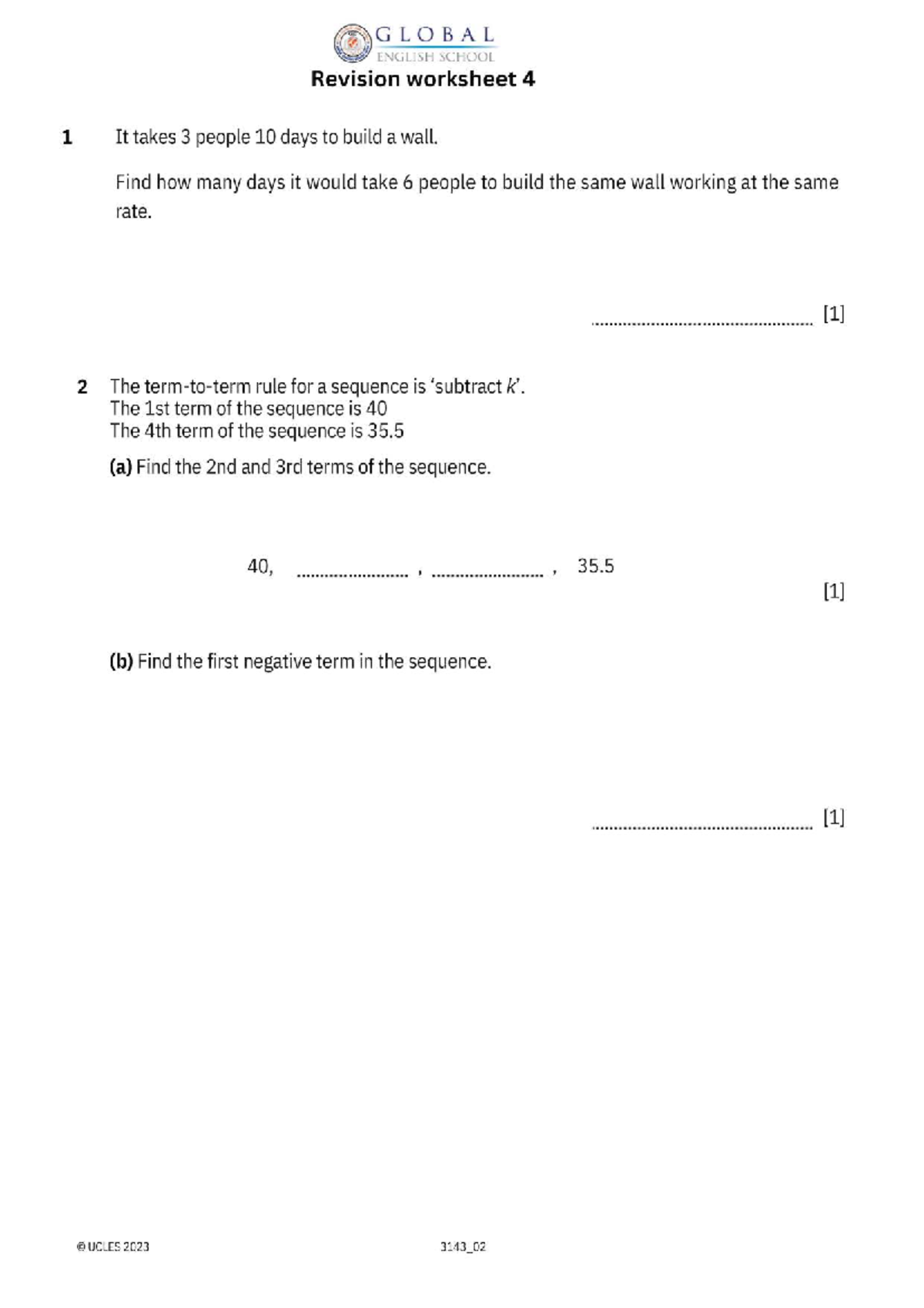 Grade 8 CPT Revision Worksheet 4 - UCLES 2023 3143_02 - Studocu