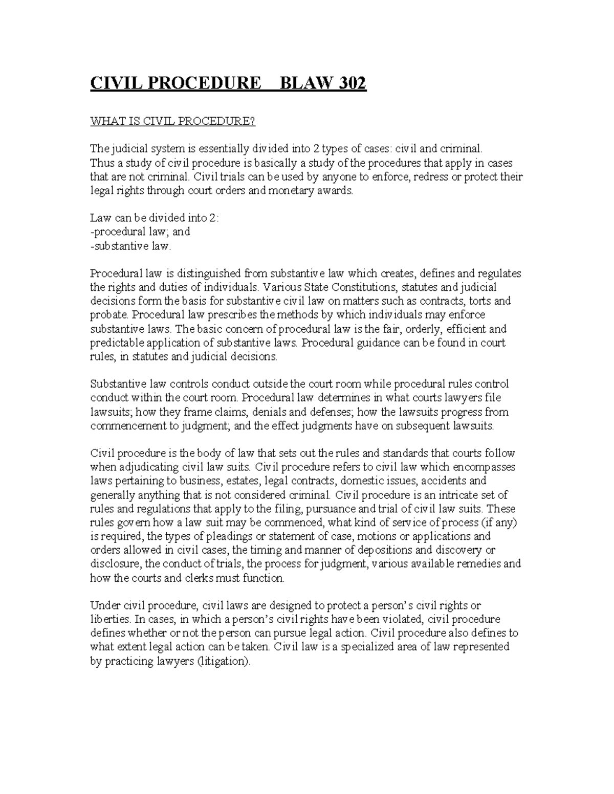 BLAW 302 Civil Procedure: Comprehensive Study Notes and Insights - Studocu