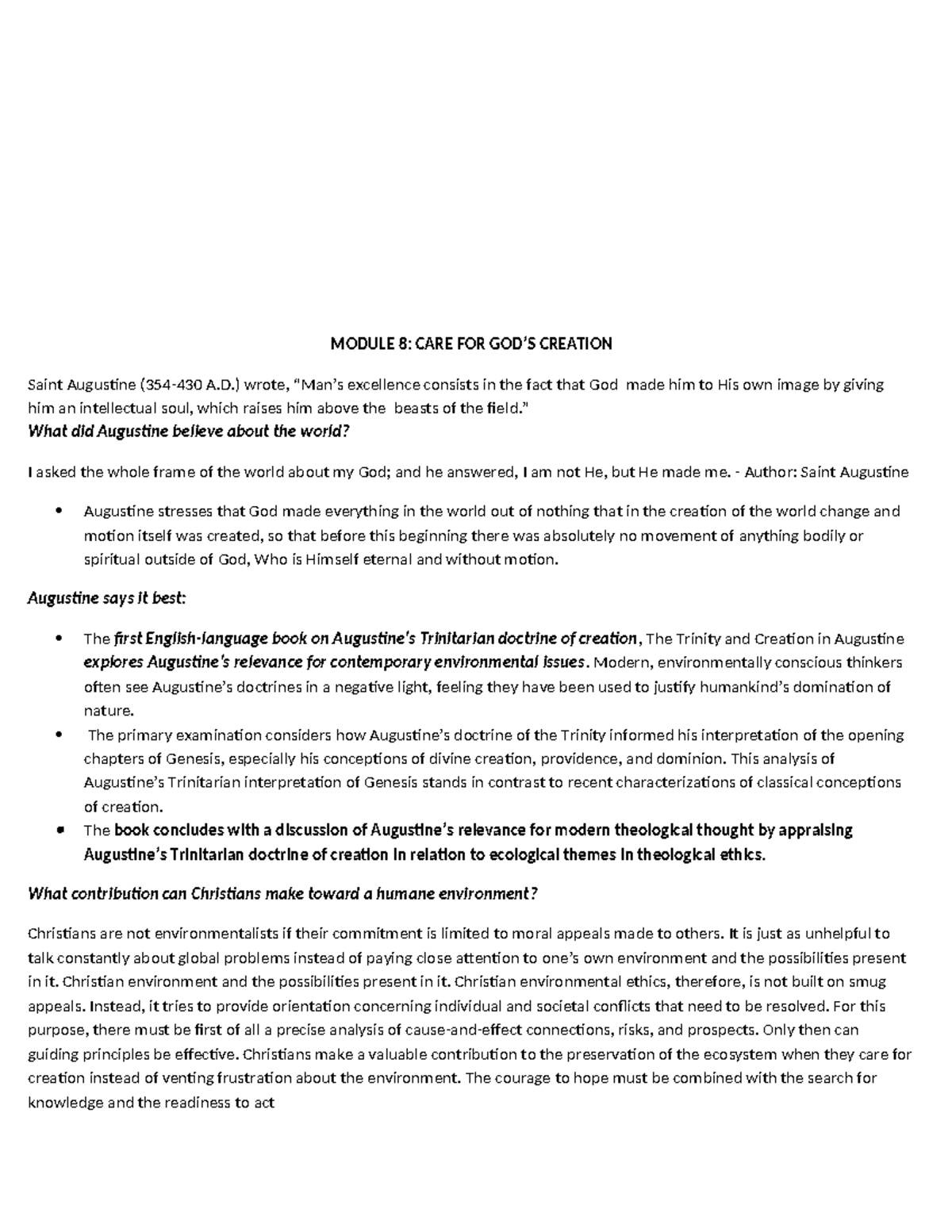 MODULE 10: NOTES ON AUGUSTINE'S TRINITARIAN DOCTRINE OF CREATION - Studocu