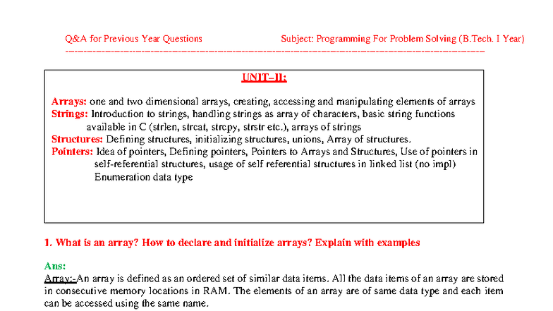 Programming for Problem Solving (B.Tech. I Year) - Arrays & Strings Q&A ...