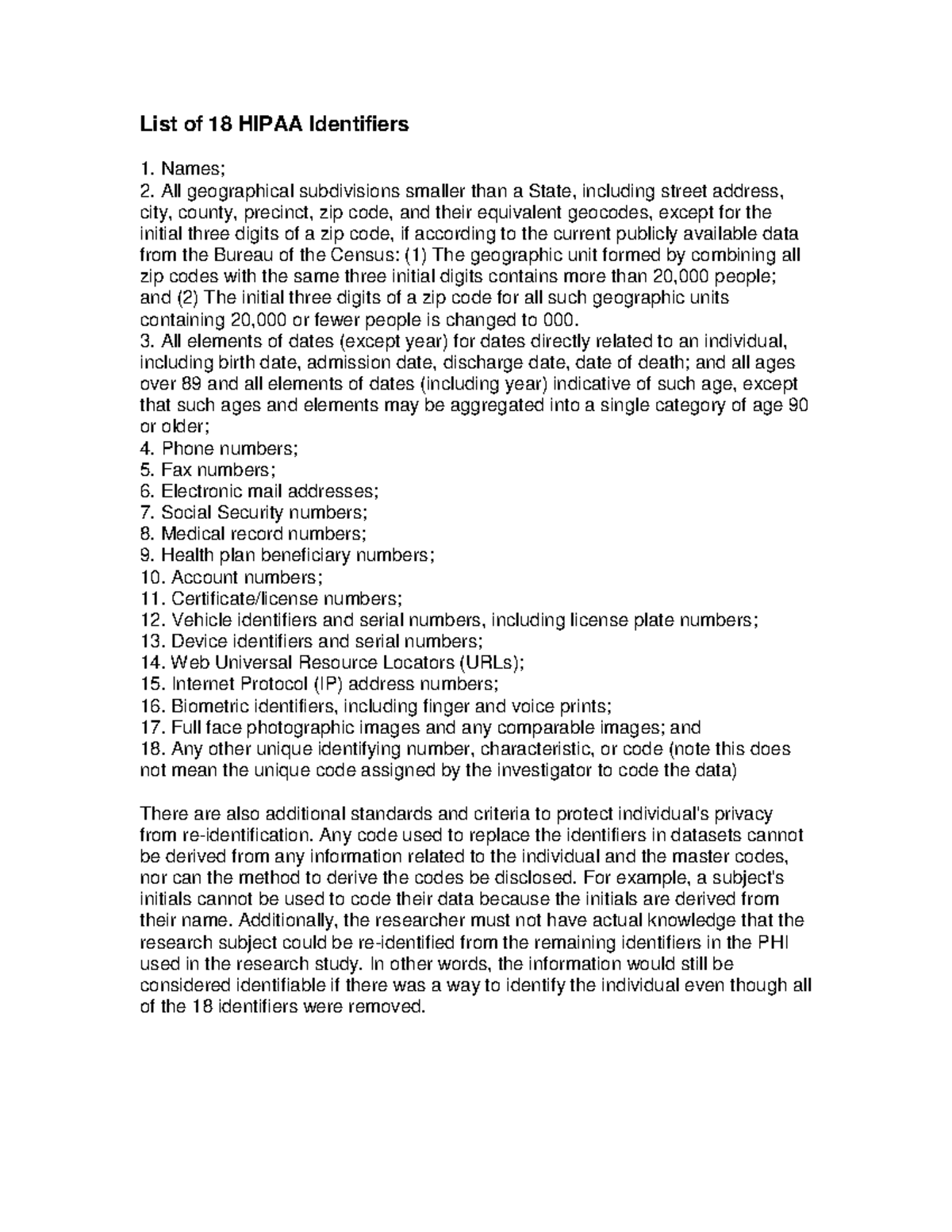 Hipaa Identifiers - List of 18 HIPAA Identifiers Names; All ...