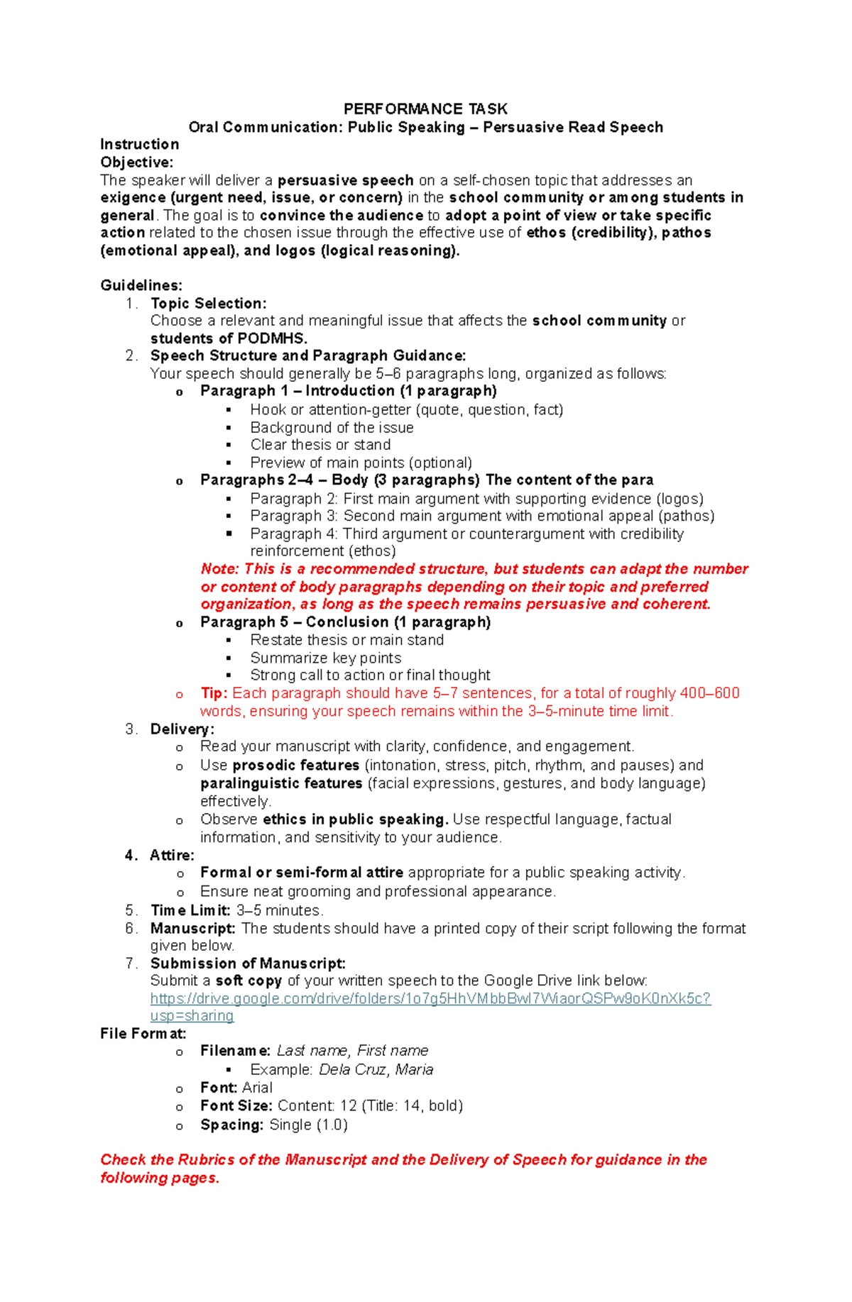 PODMHS Performance Task: Persuasive Speech Guidelines - Studocu