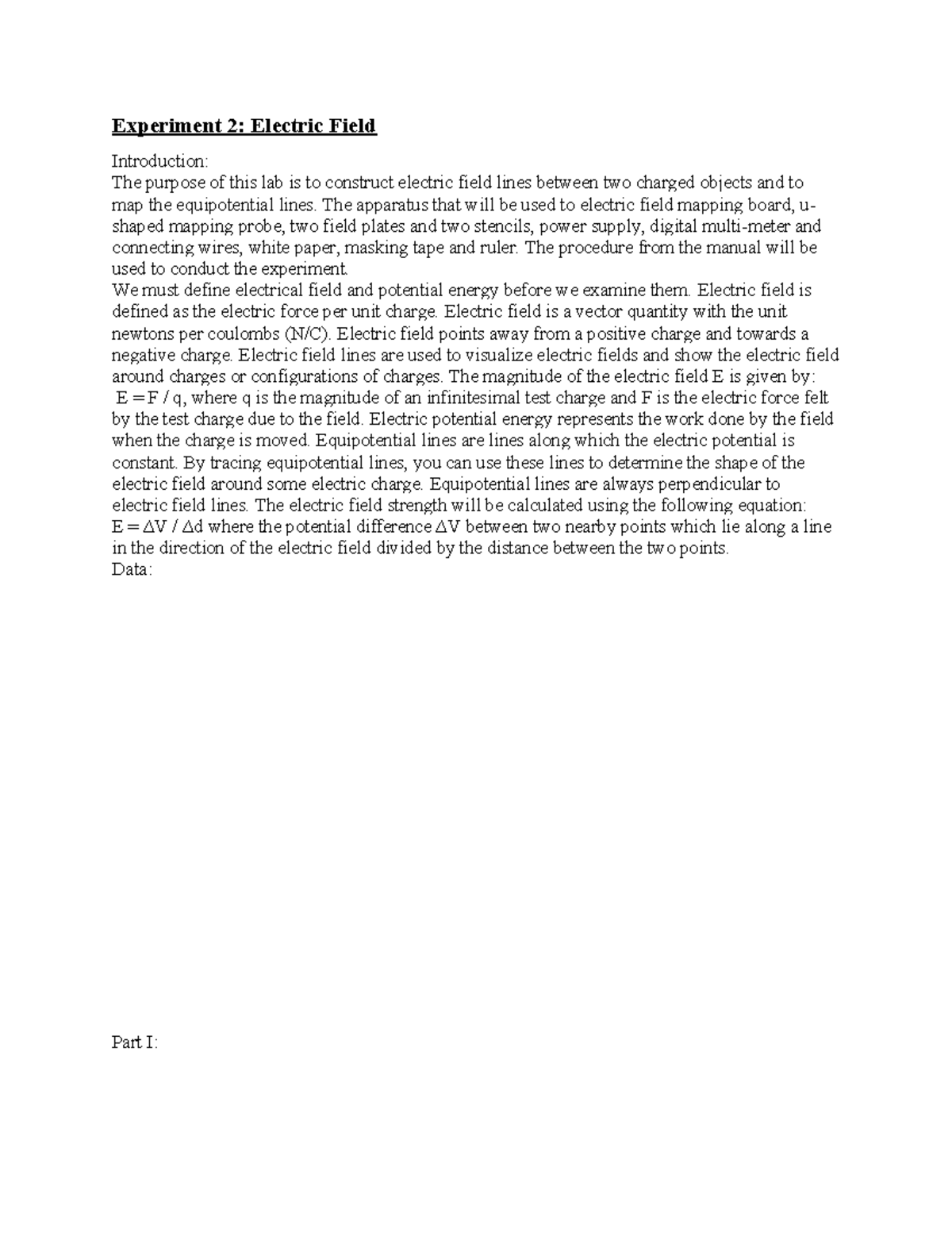 Lab 2 - lab 2 - Experiment 2: Electric Field Introduction: The purpose ...