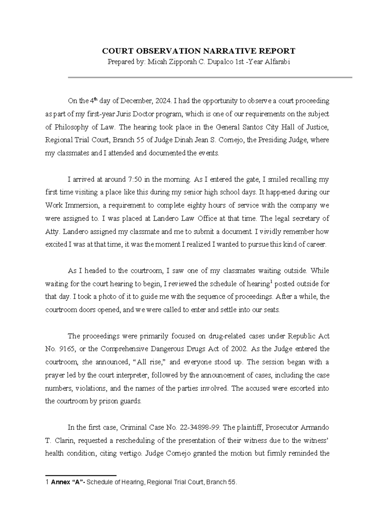 Court Observation Report for Juris Doctor - Branch 55 RTC - Studocu