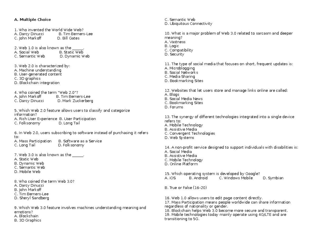 Quiz - Web Technologies Overview (Course Code: A) - Studocu