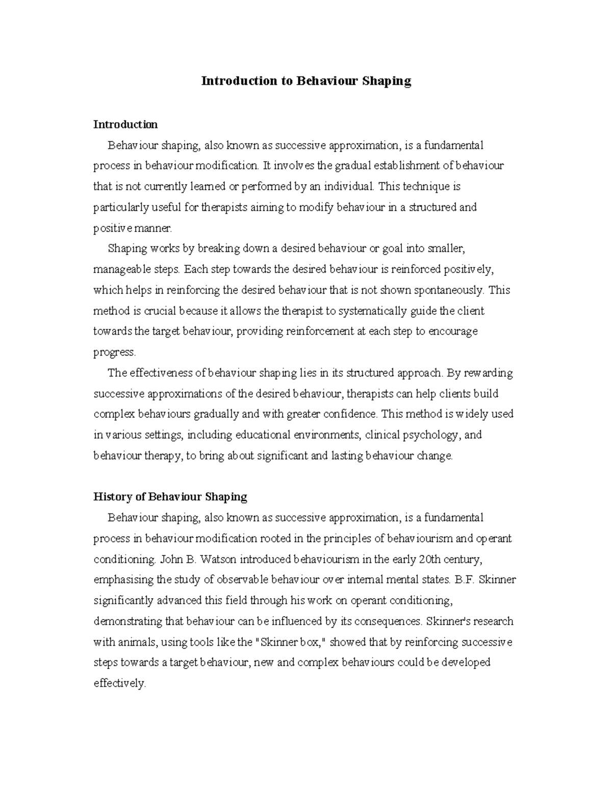 Introduction to Behaviour Shaping Techniques in Therapy - Studocu