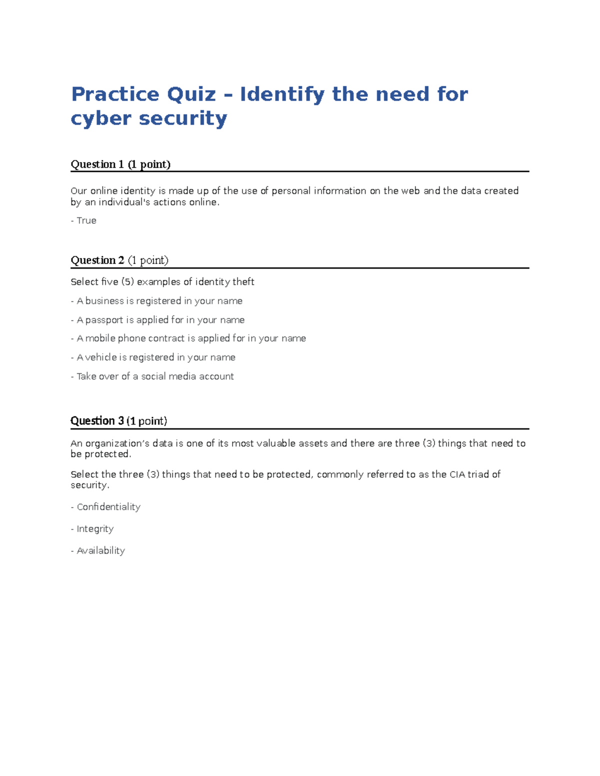01 - Practice Quiz: Understanding Cyber Security Needs - Studocu