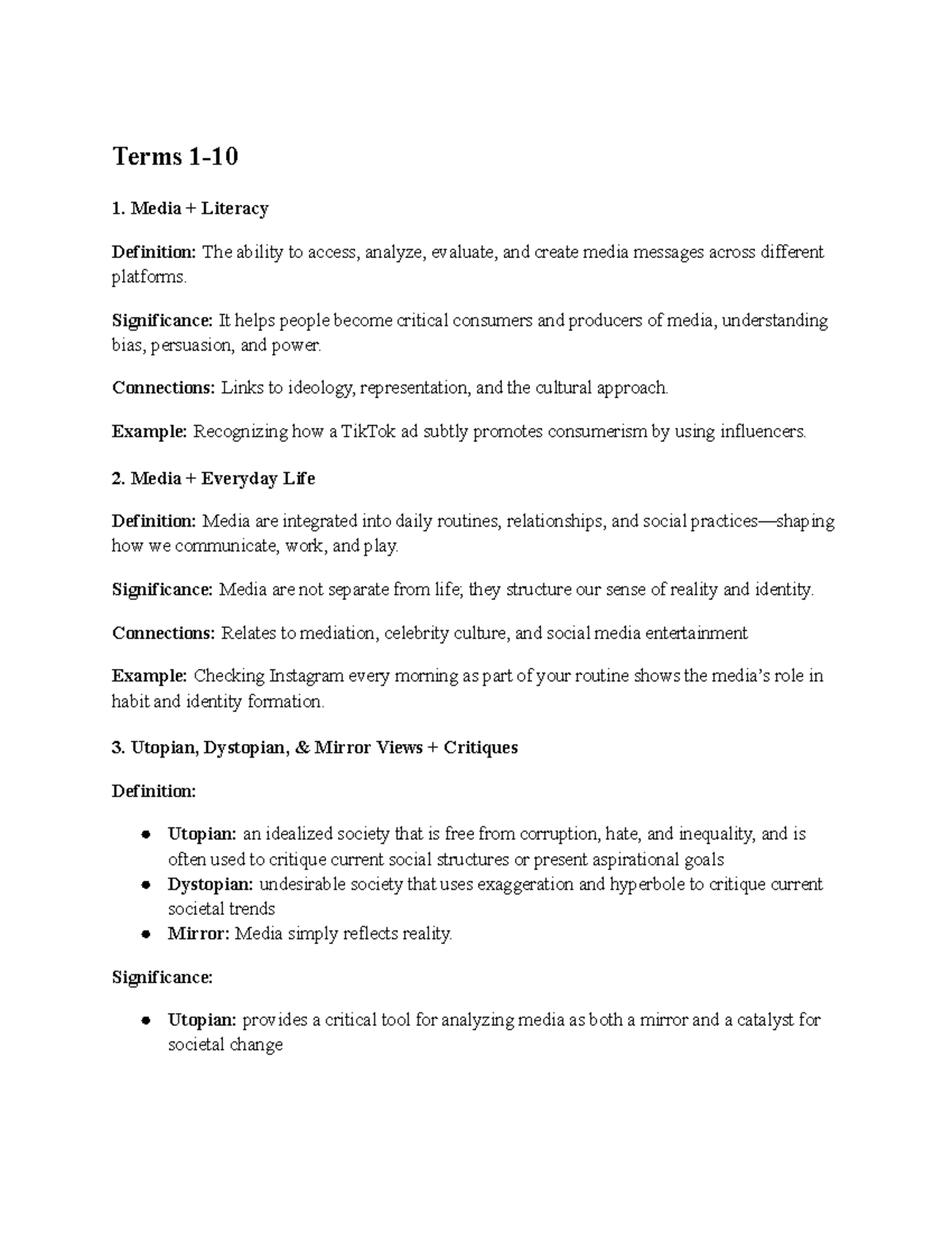 Media Studies 10: Midterm Study Guide on Key Terms & Concepts - Studocu