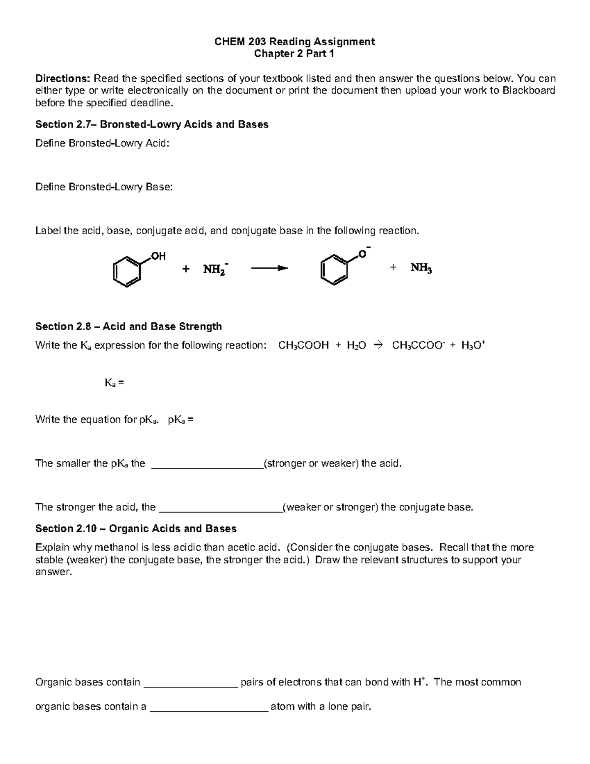 CHEM 203 Reading Assignment: Chapter 2 - Acids & Bases - Studocu