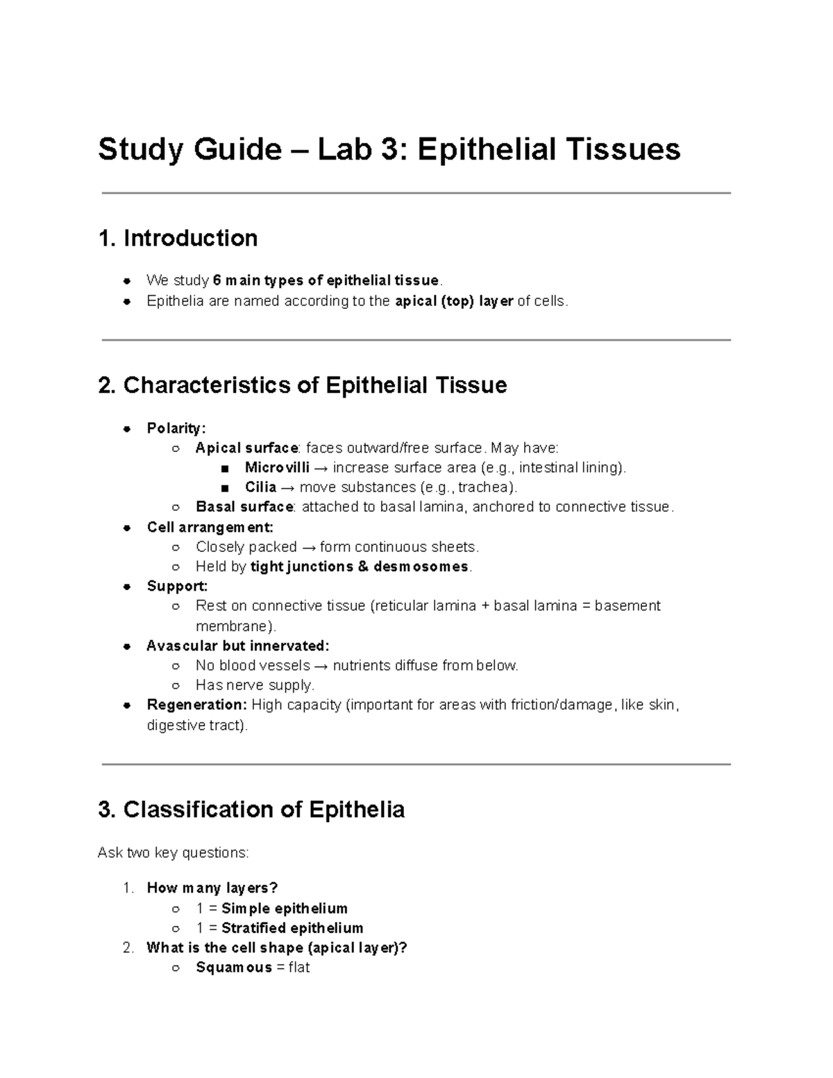 Study Guide: Lab 3 - Epithelial Tissues Overview and Key Features - Studocu