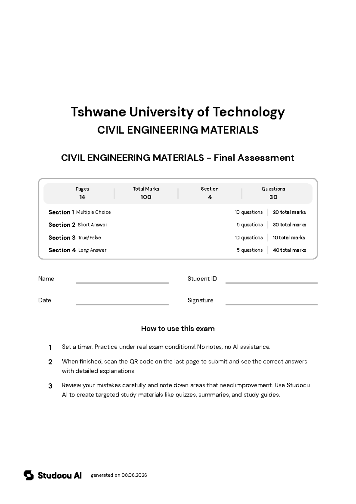 CEM115B - Civil Engineering Materials Final Exam - Studocu